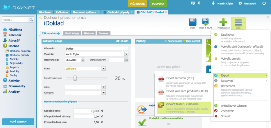 RAYNET CRM - Rozšíření k iDokladu